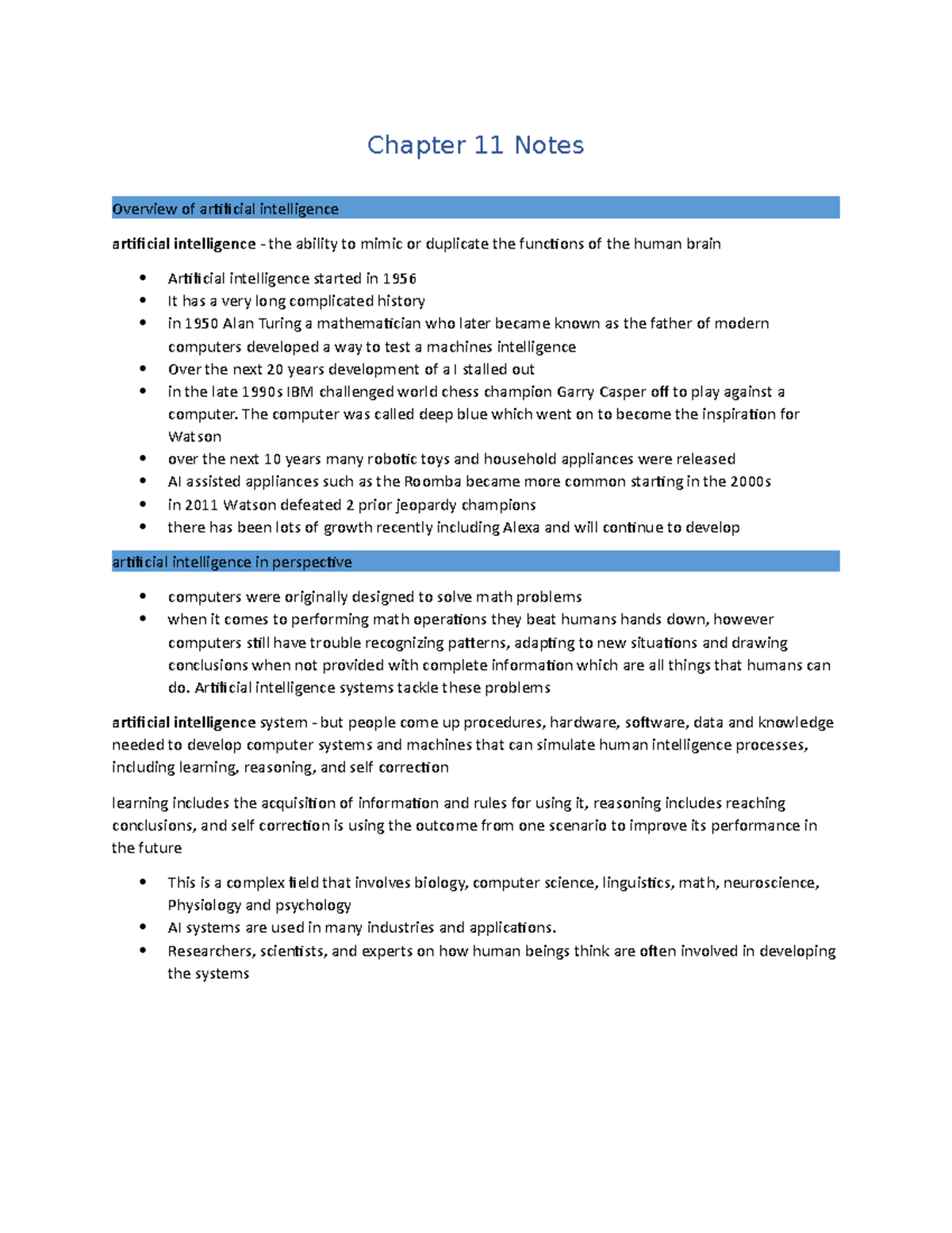 Chapter 11 Notes info - Chapter 11 Notes Overview of artificial ...