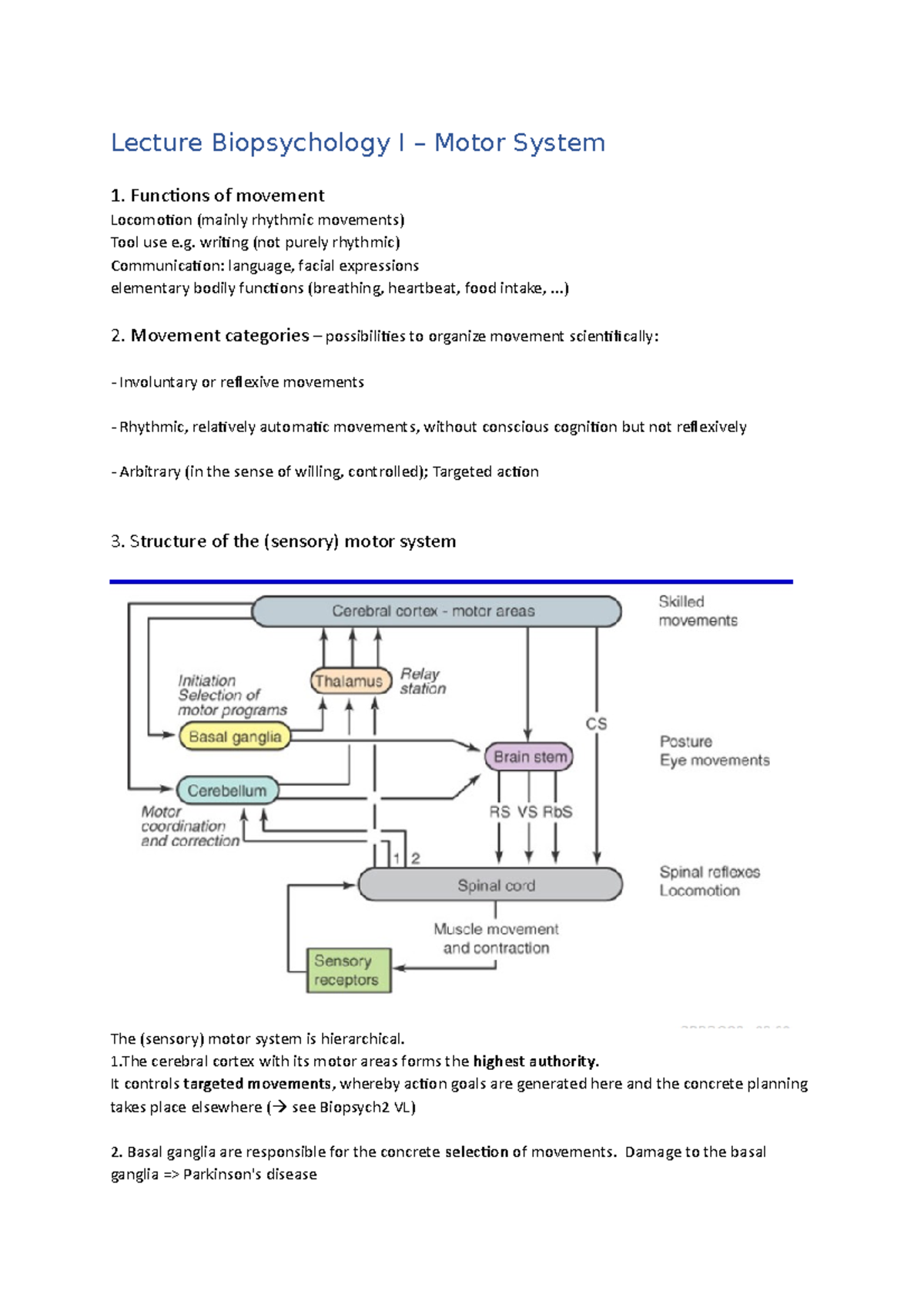 Session 4.1 - Motor System - Lecture Biopsychology I – Motor System 1 ...