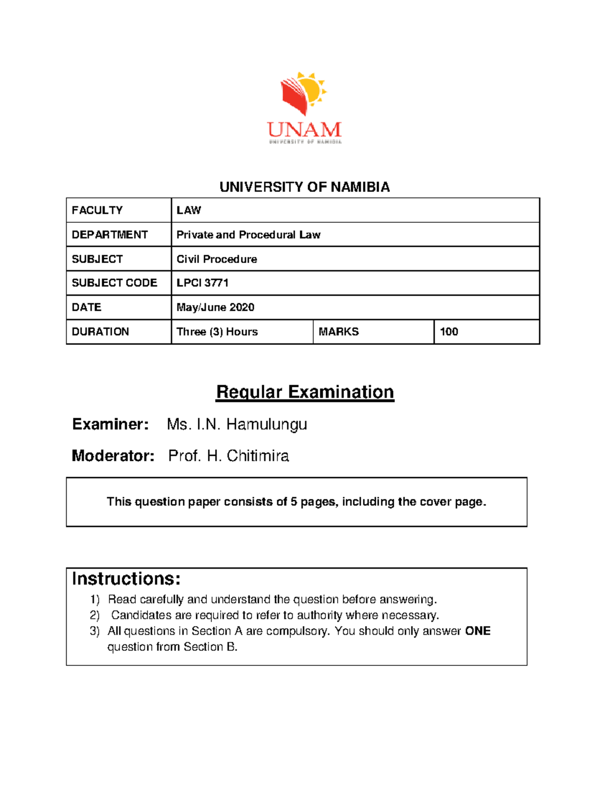 Civil REG - ghfghjg - UNIVERSITY OF NAMIBIA Regular Examination ...