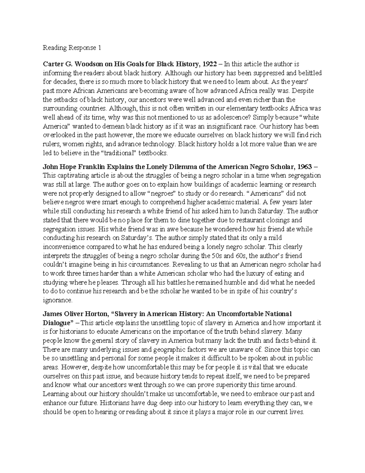 Assignment 1 - Open ended responses to reading material - Reading ...