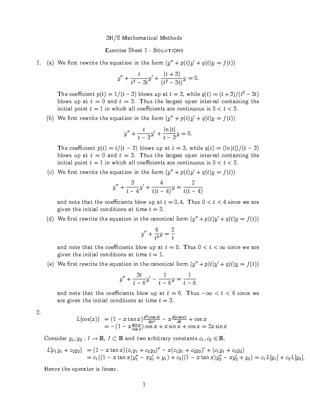 3h Math Meth exsheet 1sol - 3H/S Mathematical Methods Exercise Sheet 1 ...