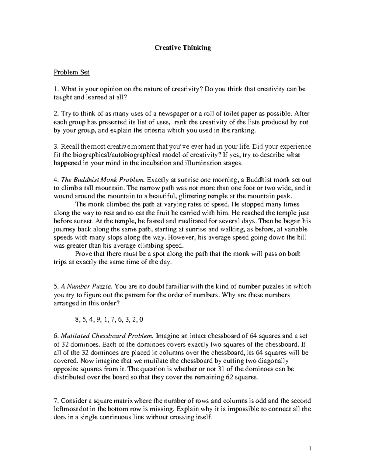 Problem set on creative thinking - 1 Creative Thinking Problem Set 1 ...