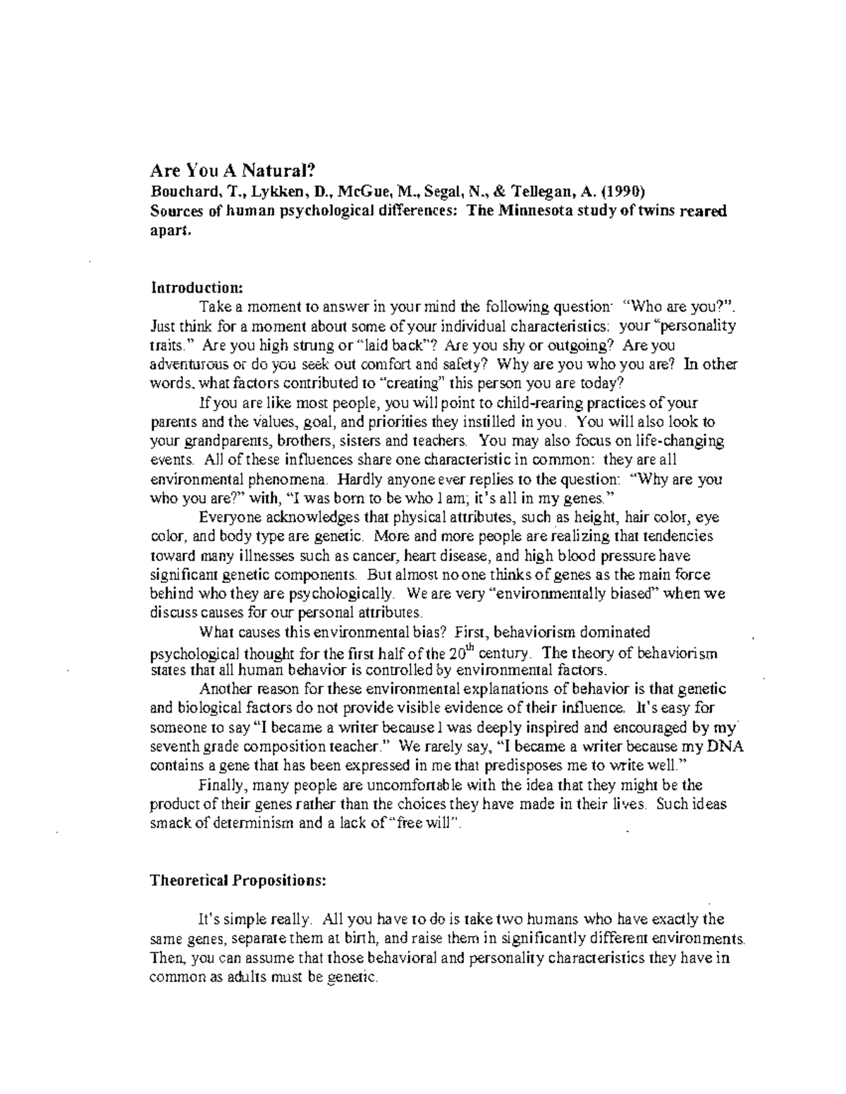 Are You a Natural - study - Are You A Natural? Bouchard, T., Lykken, D ...