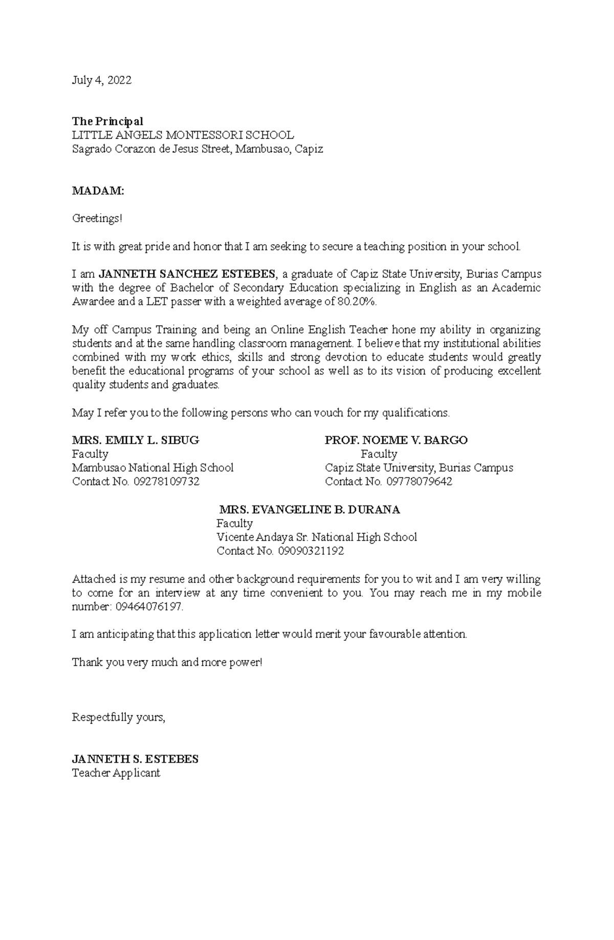 Application Letter and Resume for Little Angels Montessori School ...