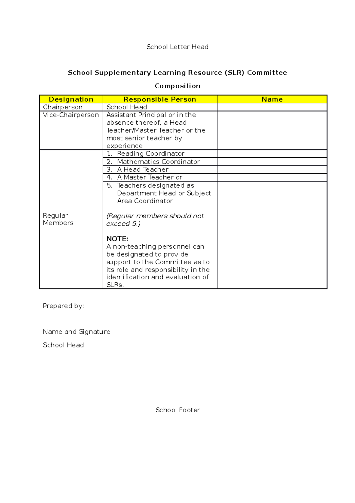 Template School-SLR-Committee - School Letter Head School Supplementary ...