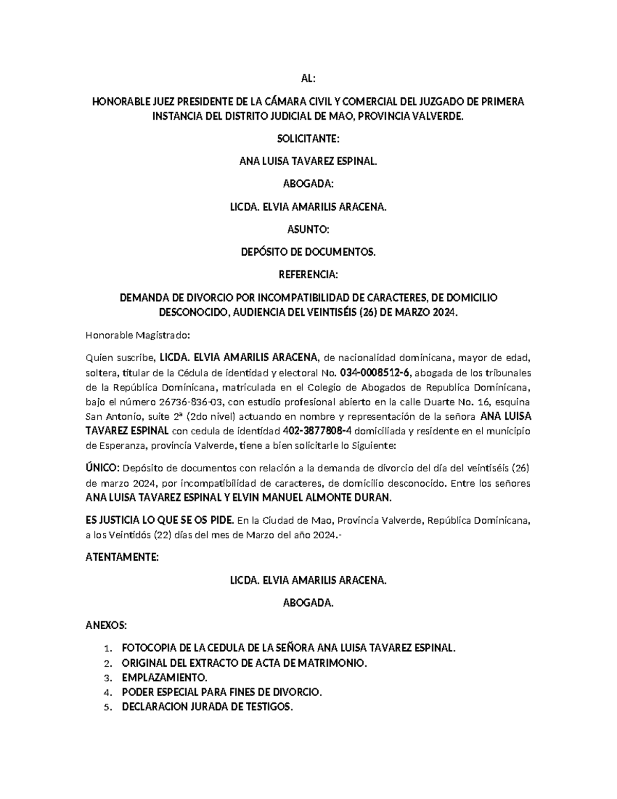 Deposito - JJNJ HHJ - AL: HONORABLE JUEZ PRESIDENTE DE LA CÁMARA CIVIL ...
