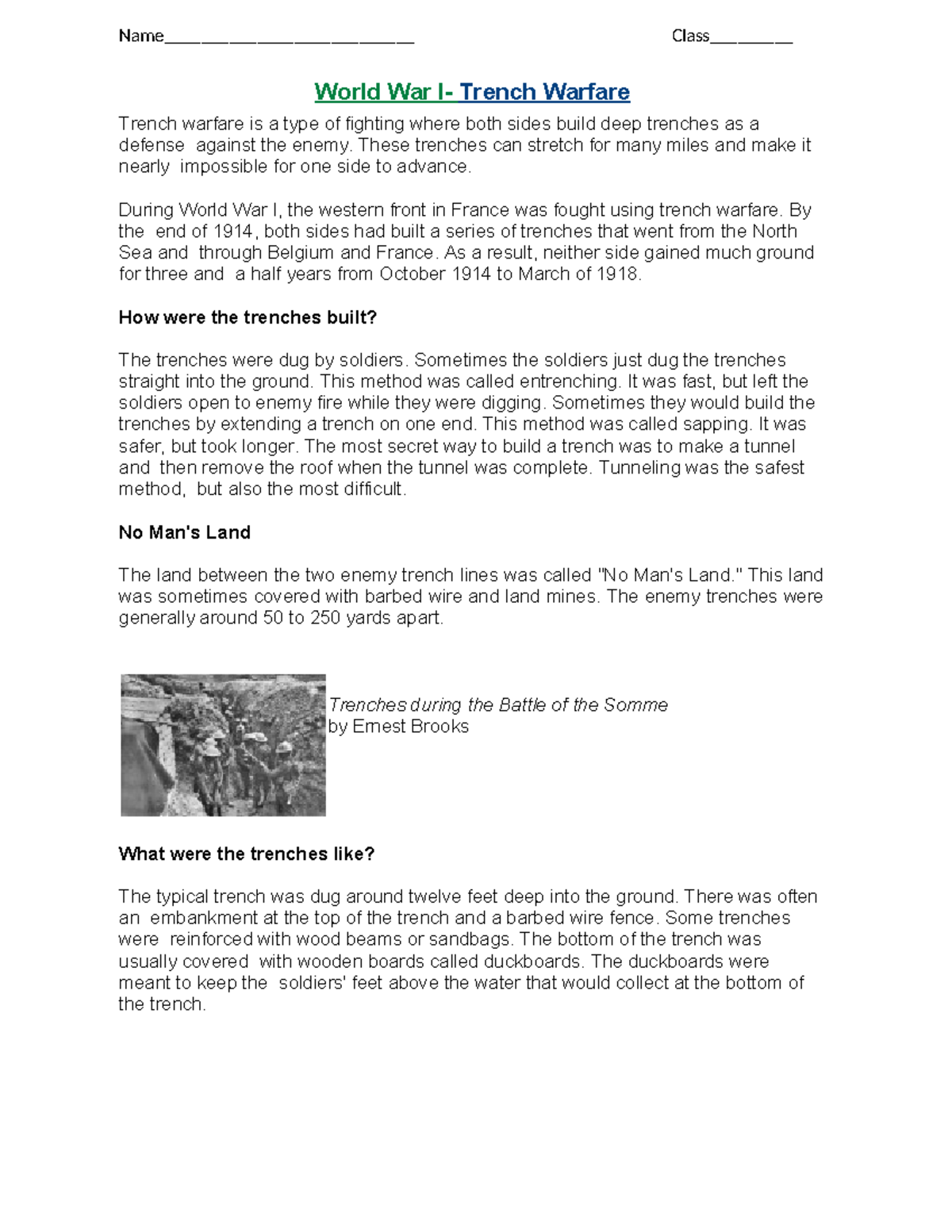 #2 Trench Warfare Reading - Name___________________________ Class ...