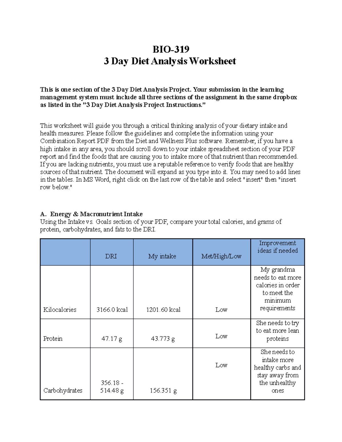 Diet Analysis - n/a - BIO- 3 Day Diet Analysis Worksheet This is one ...