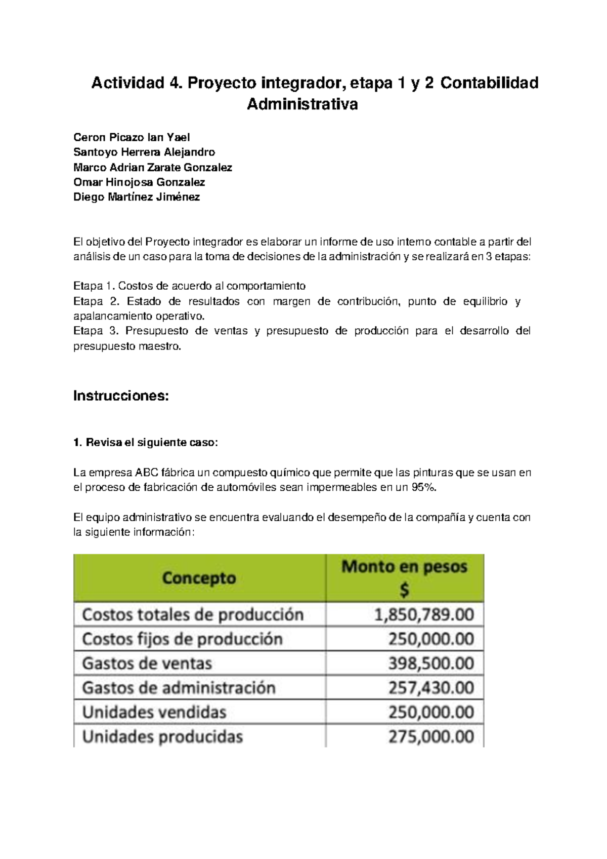 Actividad 9. Proyecto integrador, etapa 1, 2 y 3 Contabilidad Administrativa - Actividad 4 ...