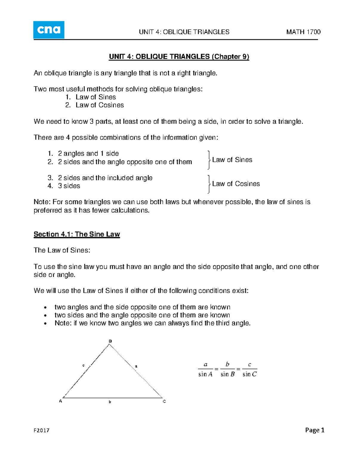 MA1700 Notes Unit 4 - Oblique Triangles - UNIT 4: OBLIQUE TRIANGLES ...