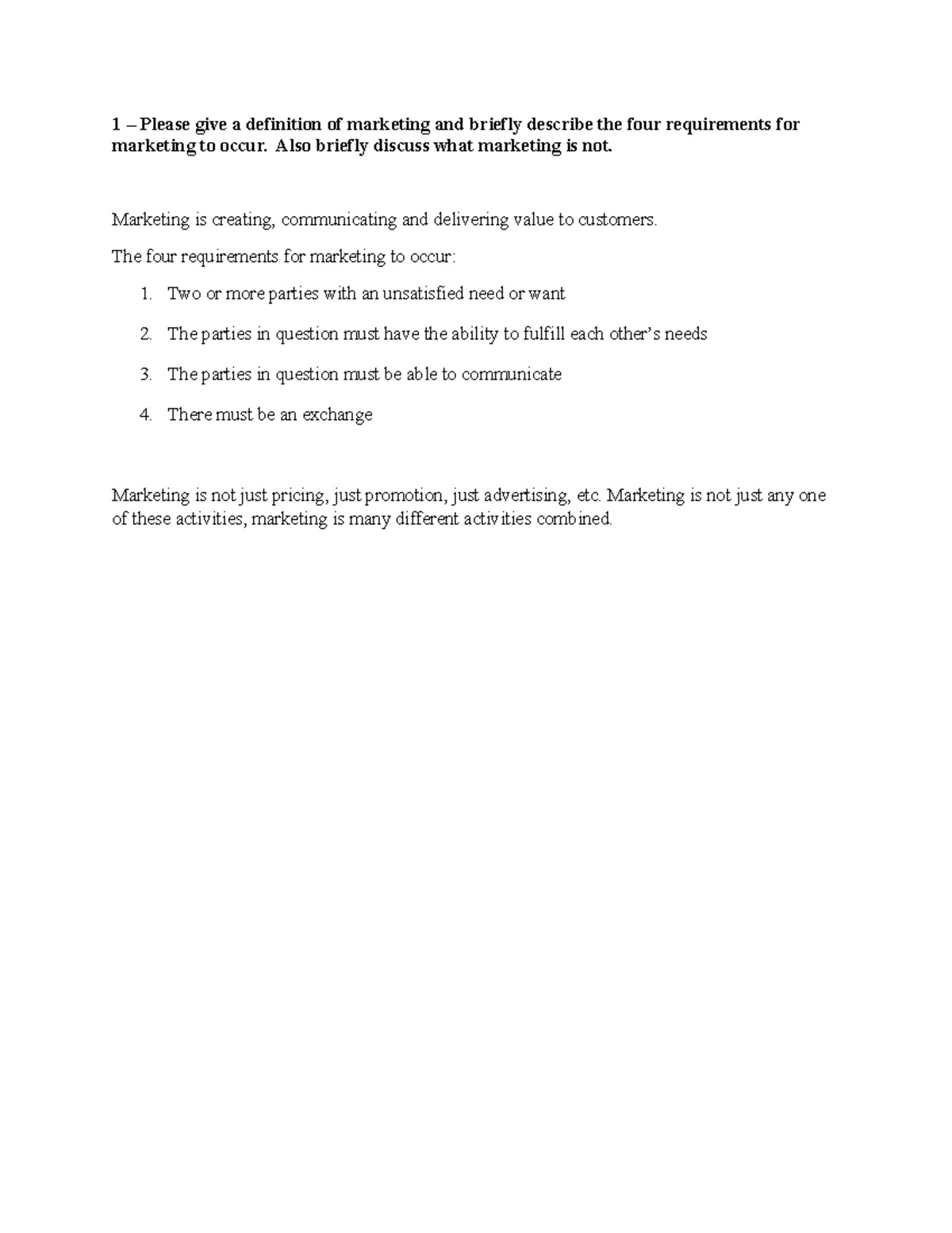 C 1 Questions 1 Please Give A Definition Of Marketing And Briefly