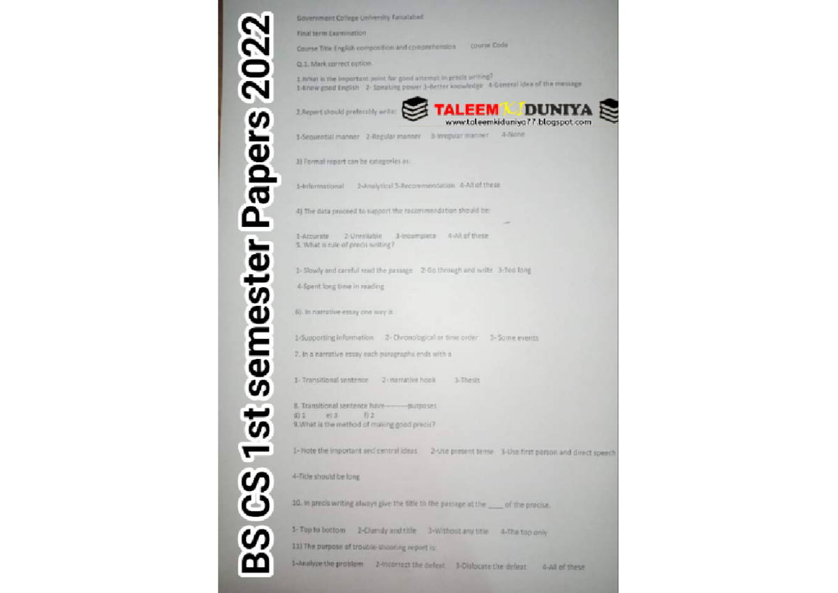 B's CS 1st semester Papers 2021-22 - English Literature - Studocu