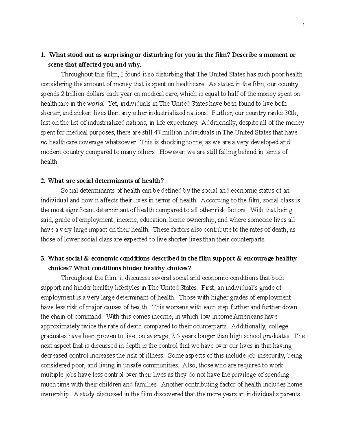 Social Determinants of Health Documentary : - 1 What stood out as ...