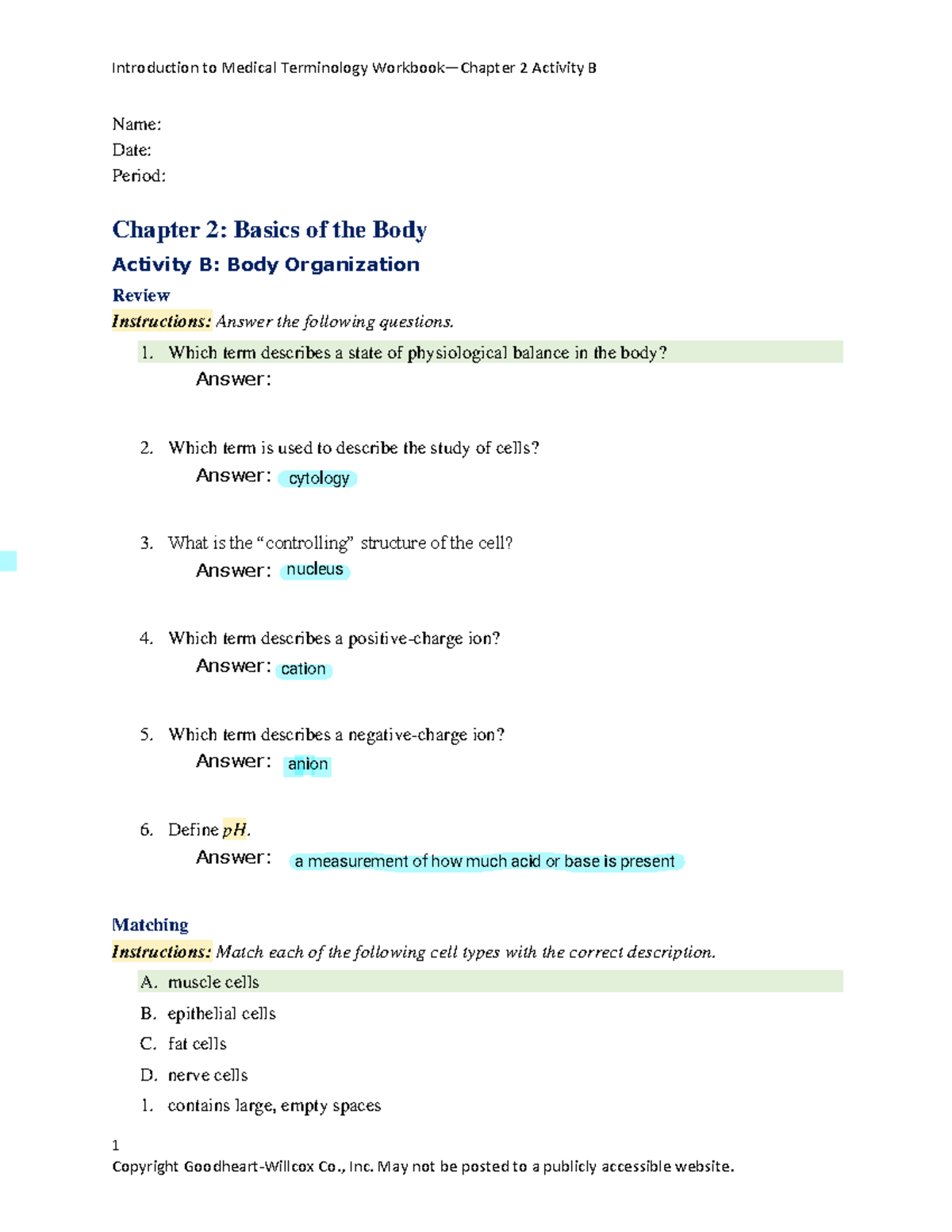 Kami Export - organization of the body worksheet - 1 Name: Date: Period ...