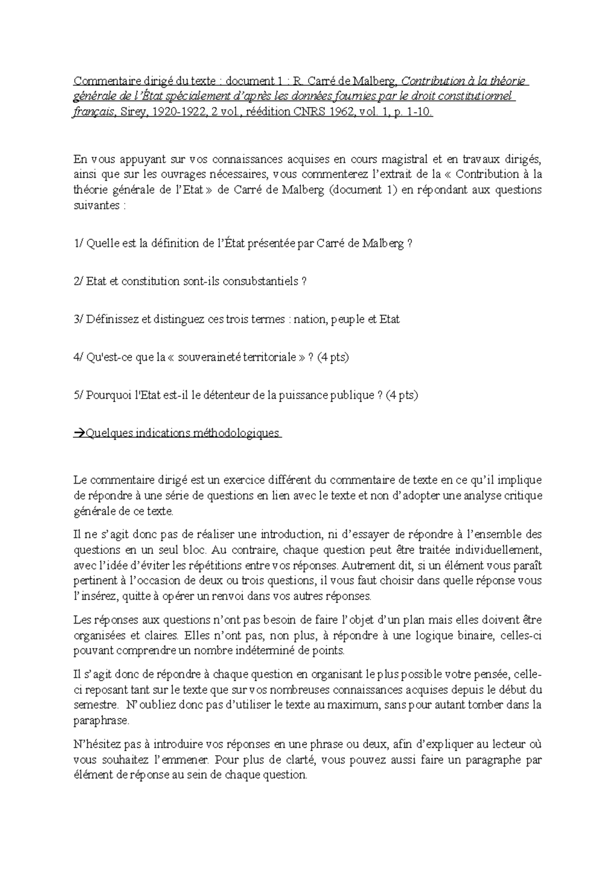 Commentaire dirigé du texte Carré de Malberg 2 - Commentaire dirigé du ...