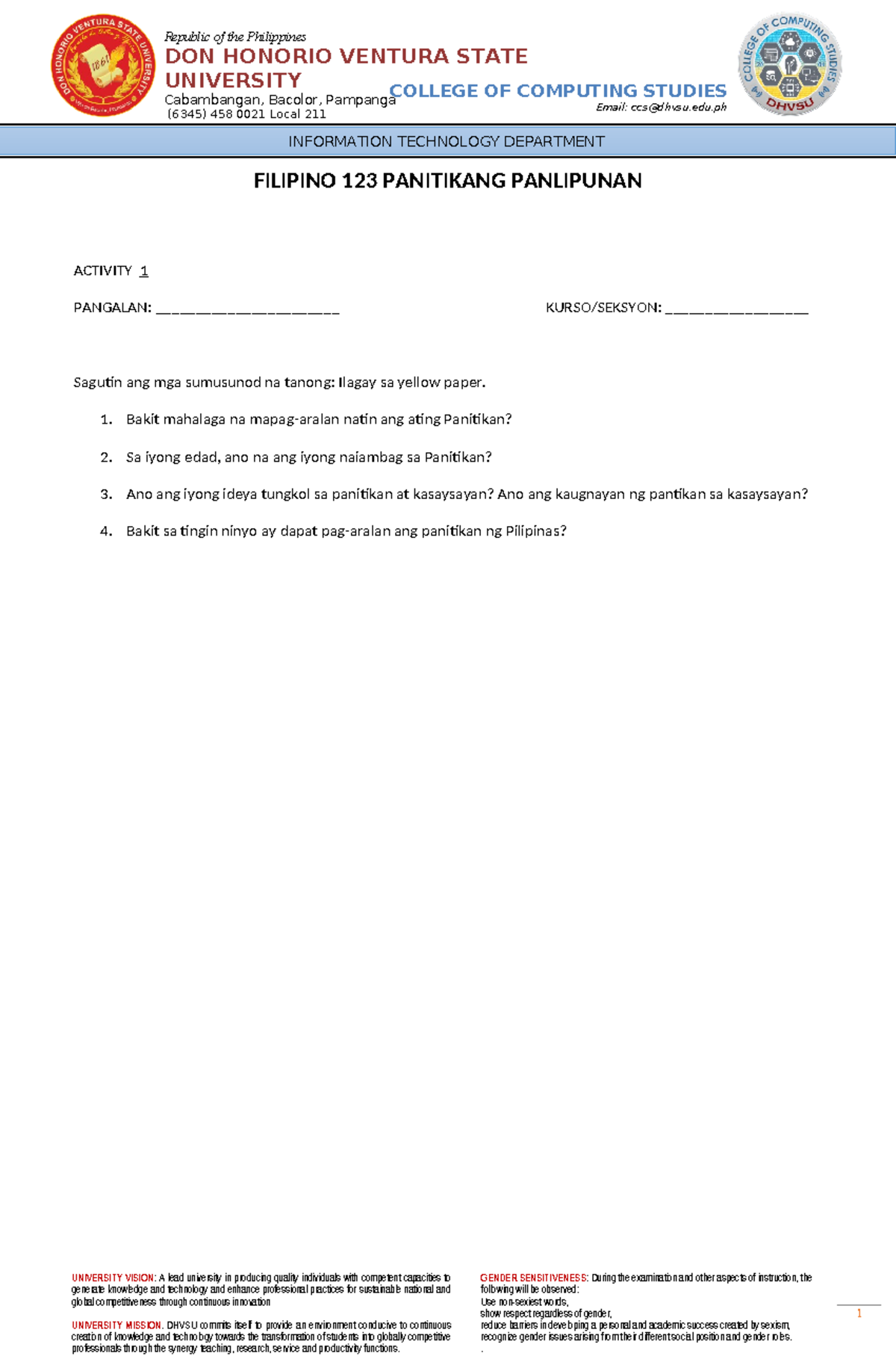 Seatwork- Aralin-1 - Republic of the Philippines DON HONORIO VENTURA ...