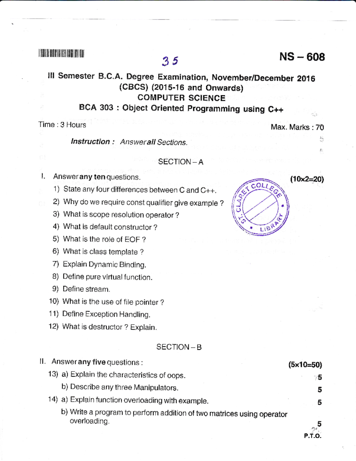 2016 - BCA QUESTION PAPER FROM BANGALORE UNIVERSITY - Evidence Question ...