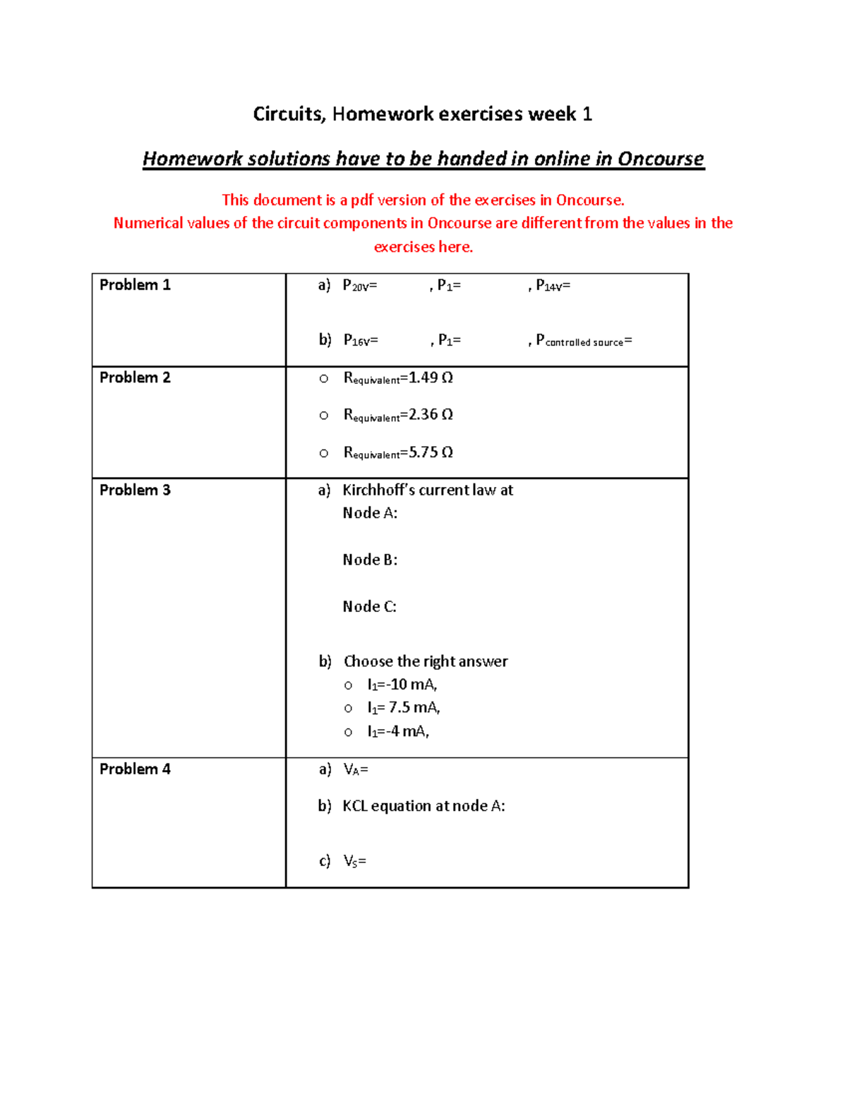 Week 1 homework Circuits - Circuits, Homework exercises week 1 Homework ...