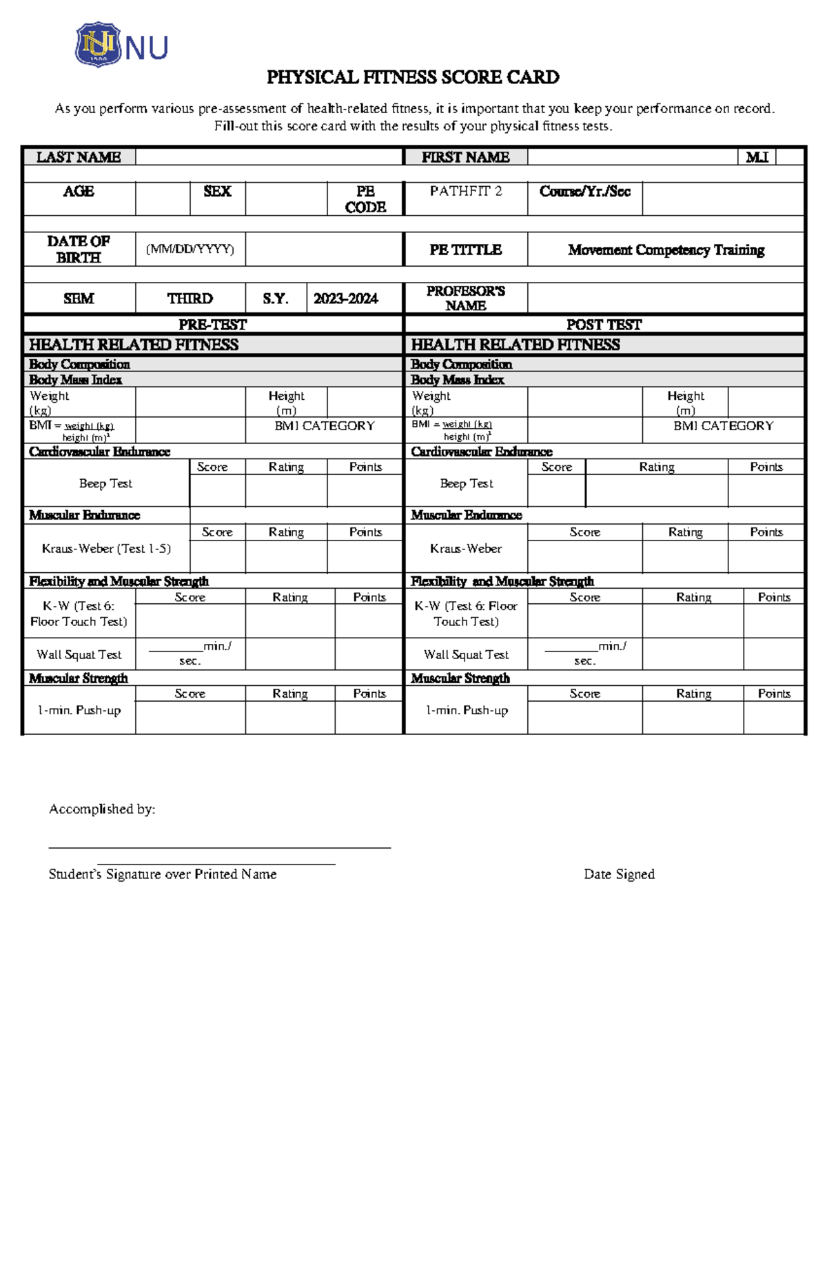 PFT 1st YEAR score card - have a good notes - NU PHYSICAL FITNESS SCORE ...