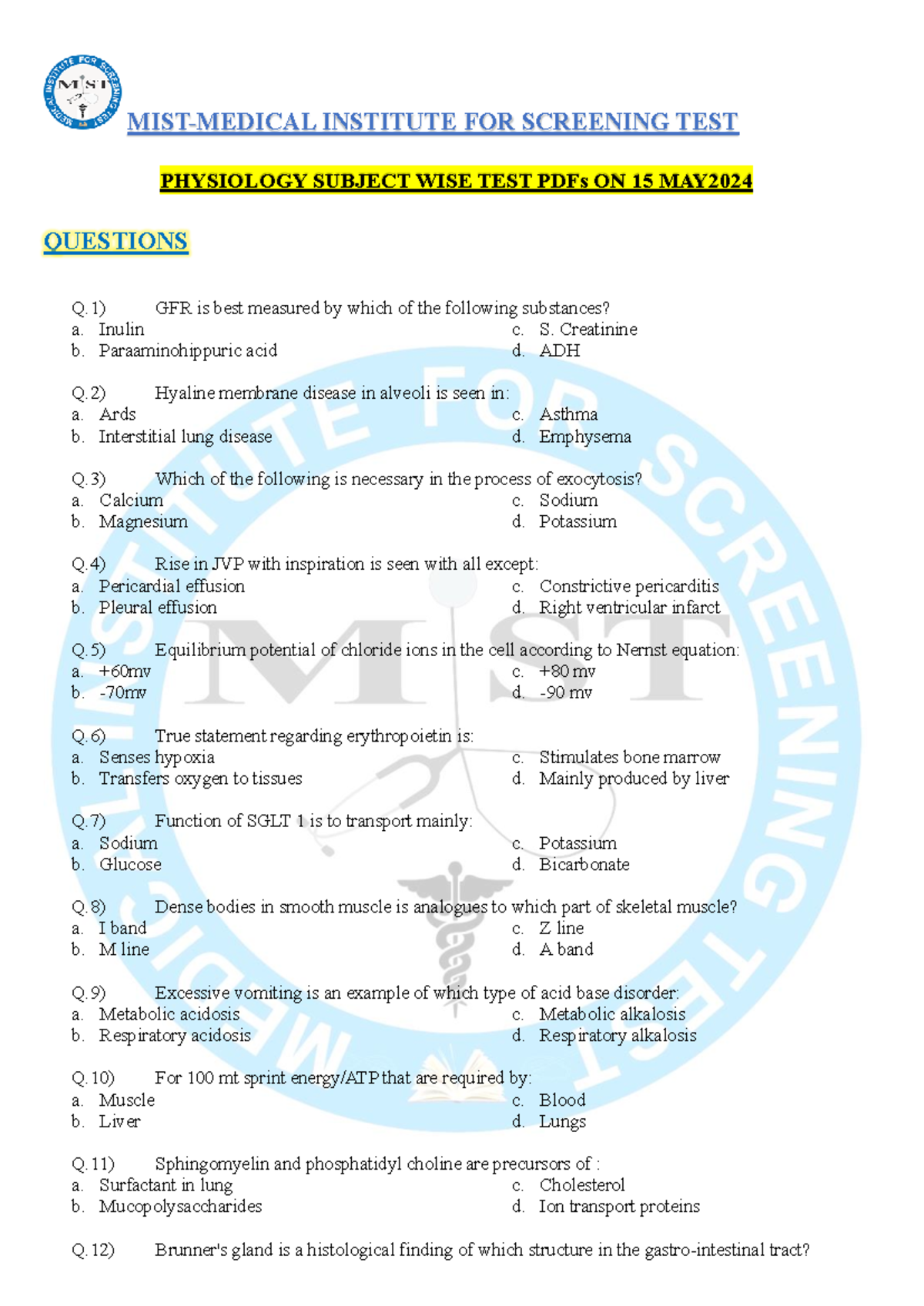 MIST Physiology Subject WISE TEST PDFs ON 15-MAY-2024 - PHYSIOLOGY ...