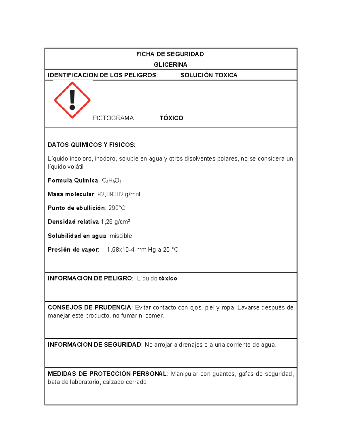 Ficha Glicerina - FICHA DE SEGURIDAD GLICERINA IDENTIFICACION DE LOS PELIGROS: SOLUCIÓN TOXICA ...