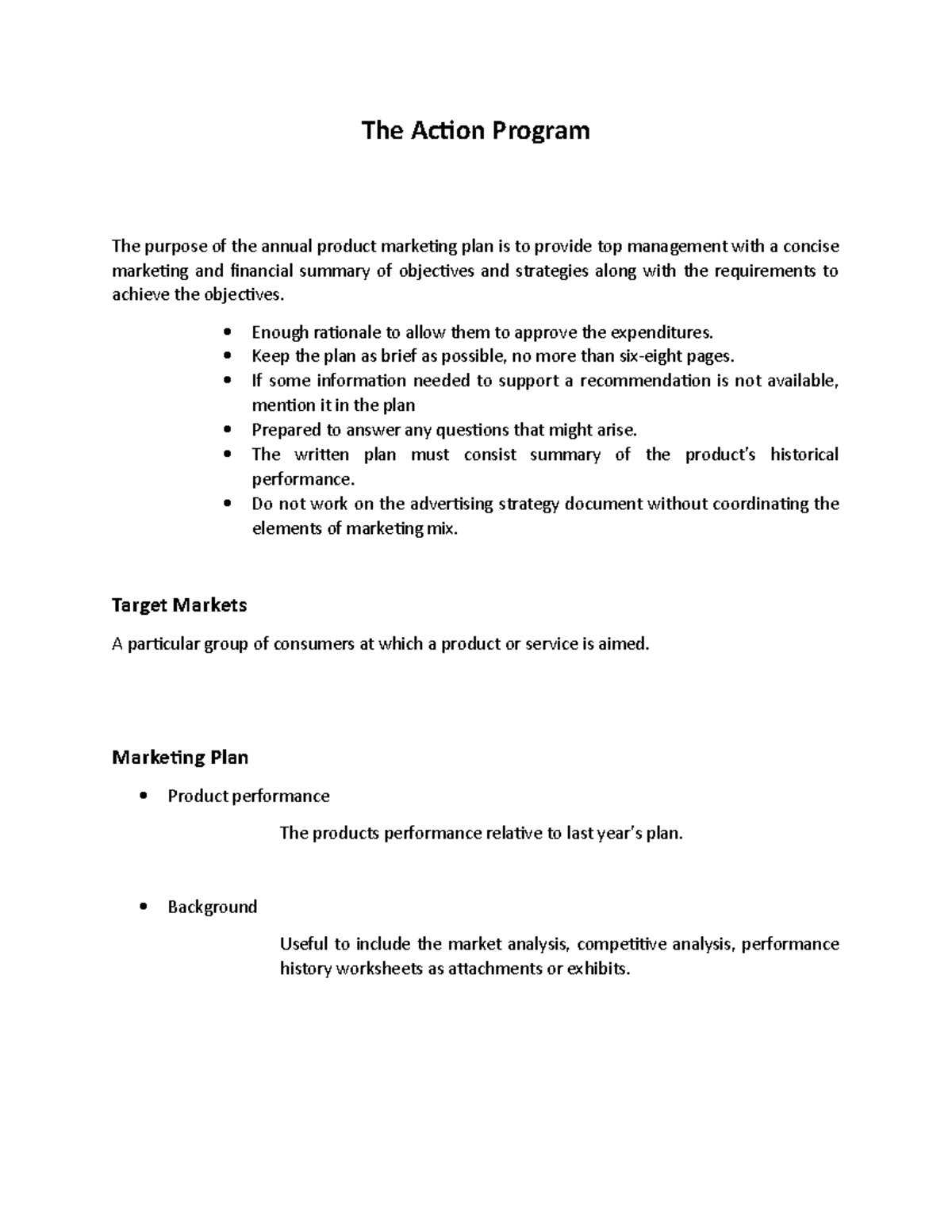 The Action Program - The purpose of the annual product marketing plan ...
