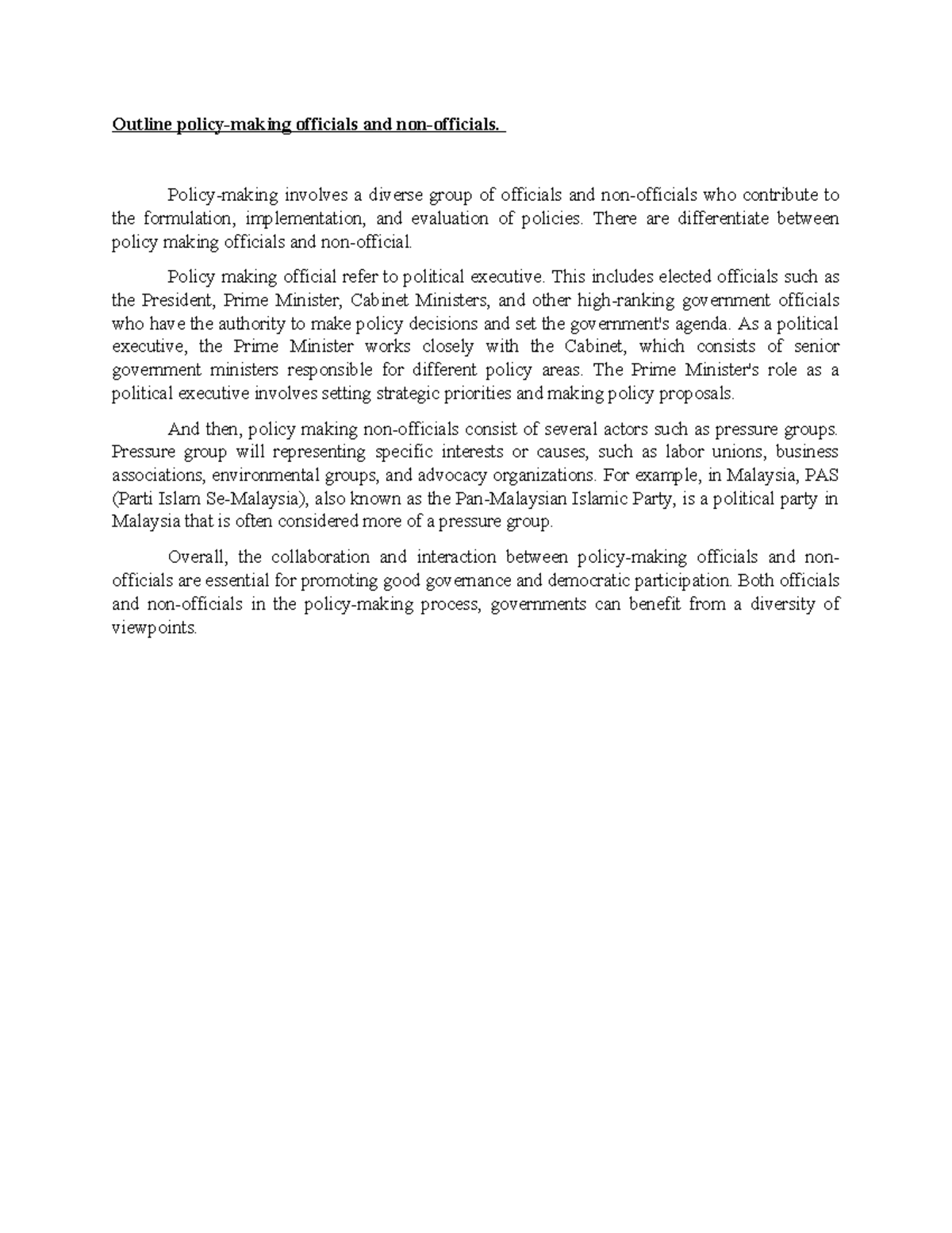 Outline policy making officials and non officials ( tutorial week 6 ...