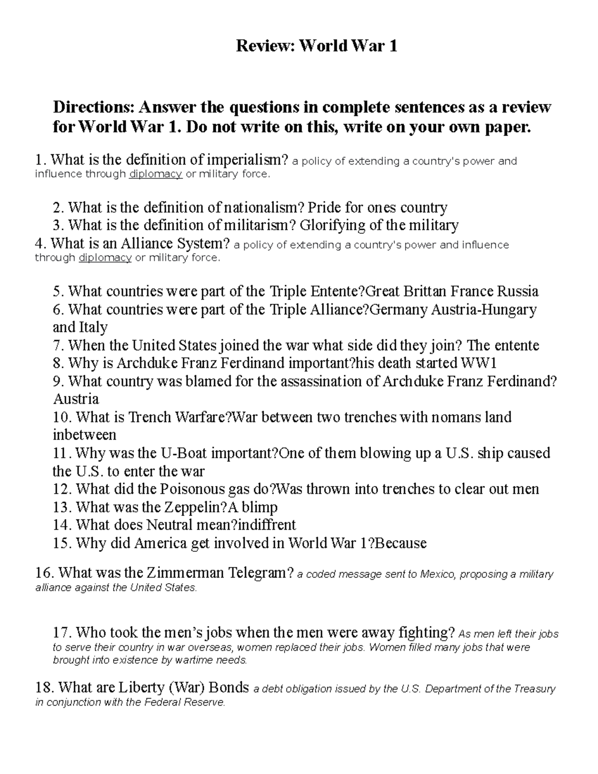 Review WW1 - ddd - Review: World War 1 Directions: Answer the questions ...