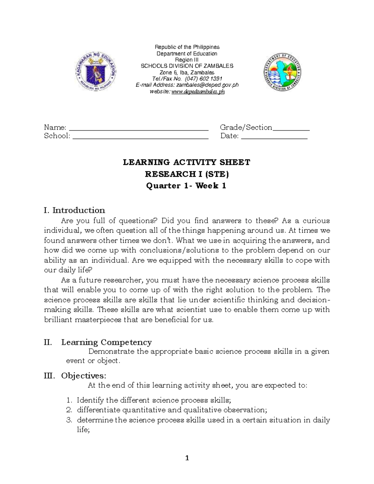 STE Research 1 W1 LAS - reviewer - Republic of the Philippines ...