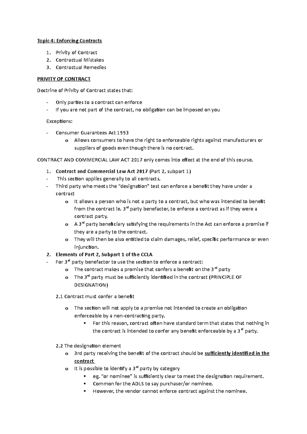 Topic 4 Enforcing Contracts - Topic 4: Enforcing Contracts 1. Privity ...