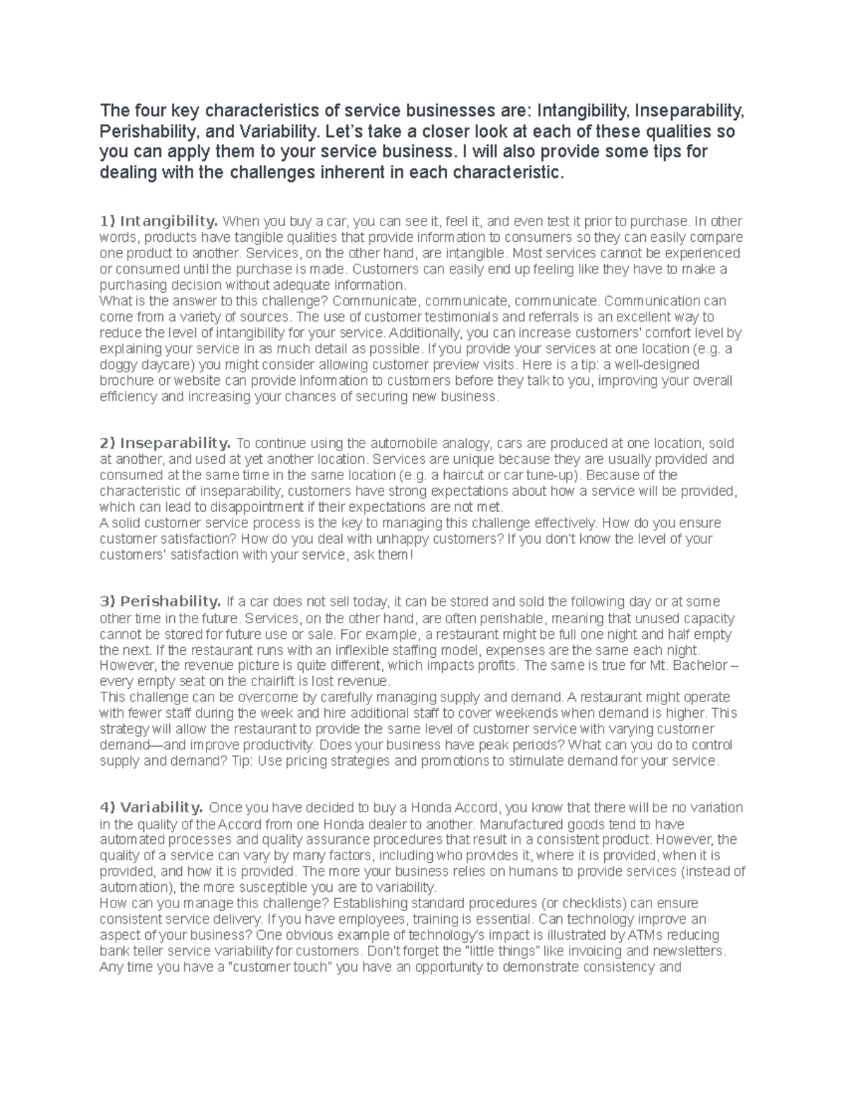 Document - The four key characteristics of service businesses are ...