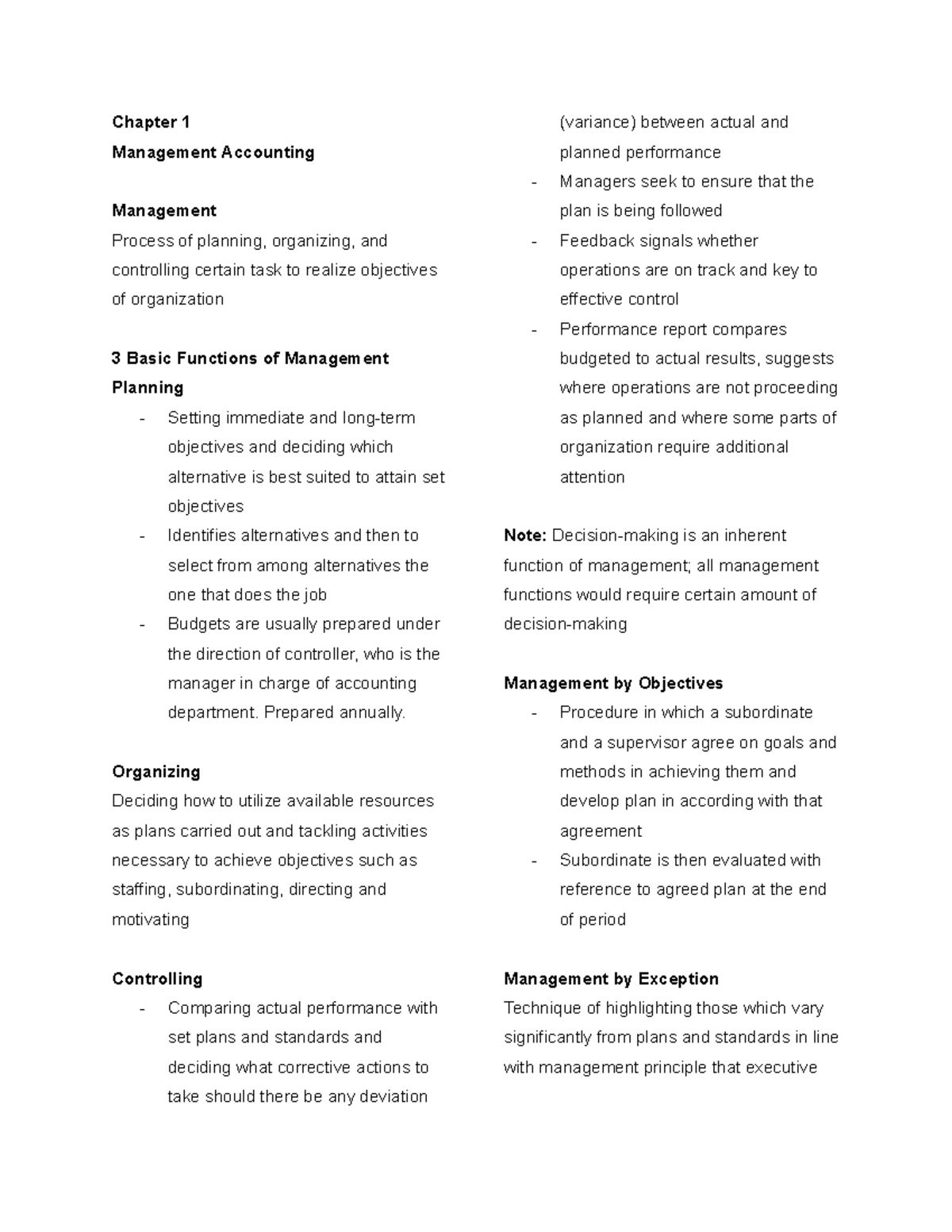 Managerial Accounting Midterms - Chapter 1 Management Accounting Management Process of planning ...