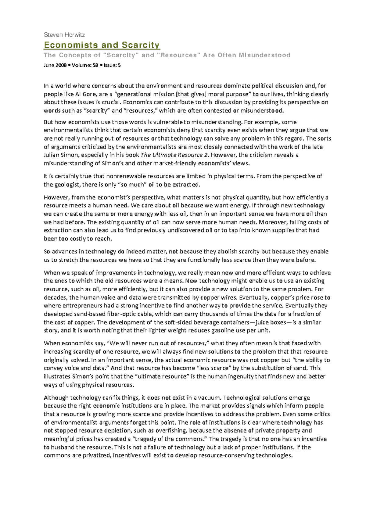 Horwitz - Lecturas - Steven Horwitz Economists and Scarcity T he C on ...