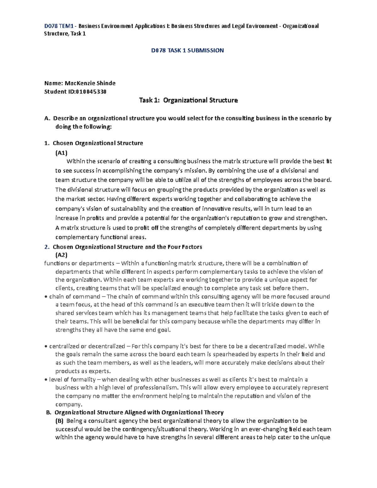 D078 Task 1 - Task 1 -passed - D078 TEM1 - Business Environment ...