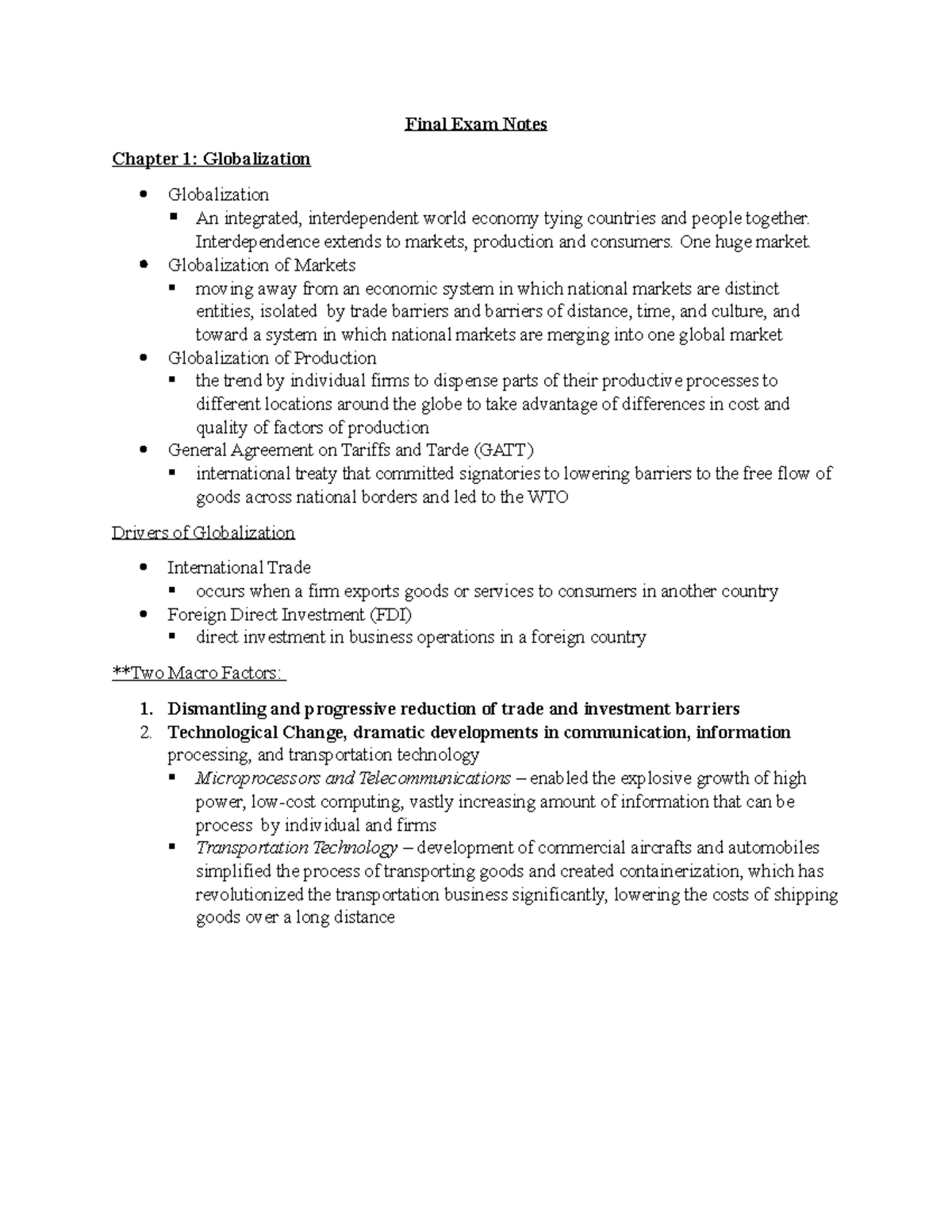 Chapter notes - Final Exam Notes Chapter 1: Globalization Globalization ...