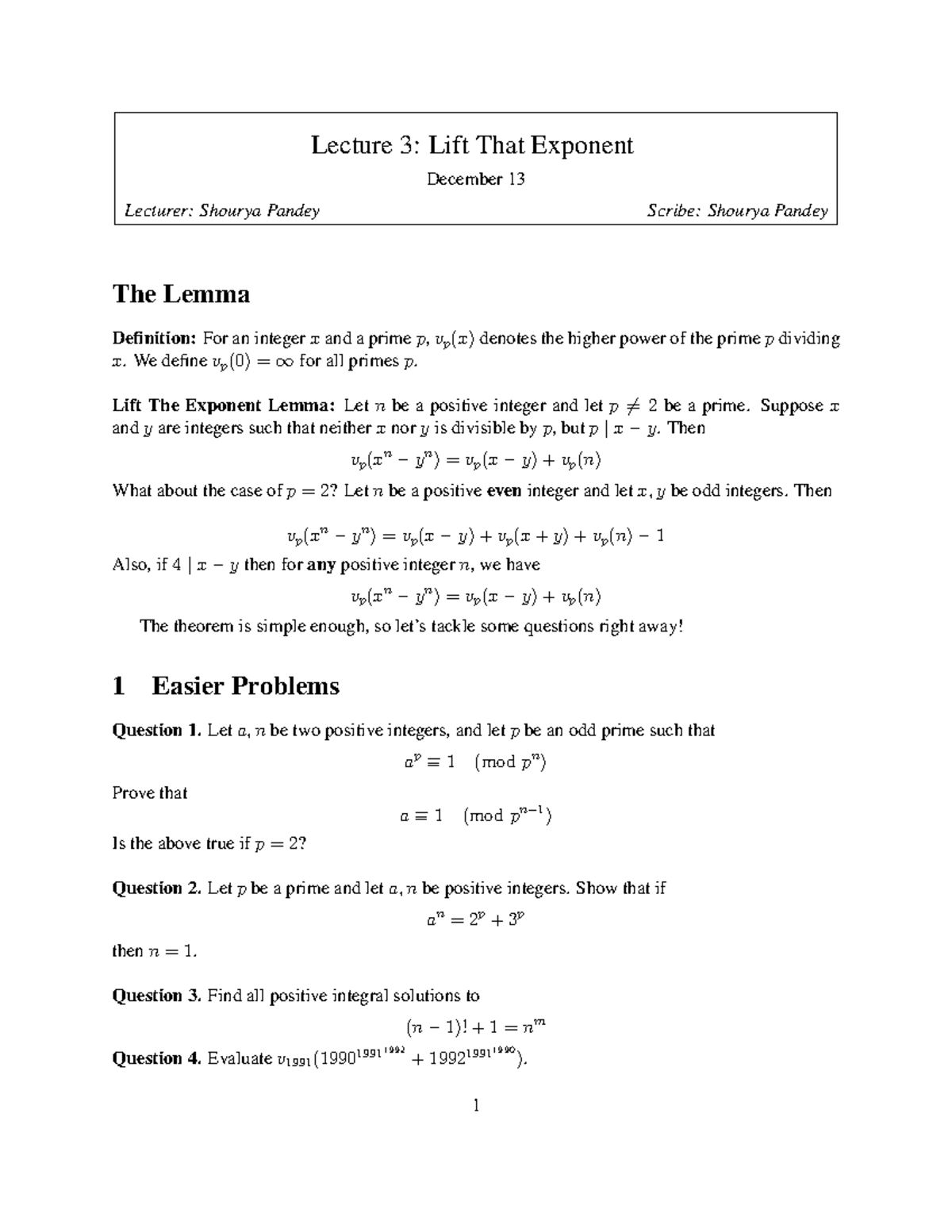 1 - Lý thuyết số - Lecture 3: Lift That Exponent December 13 Lecturer ...