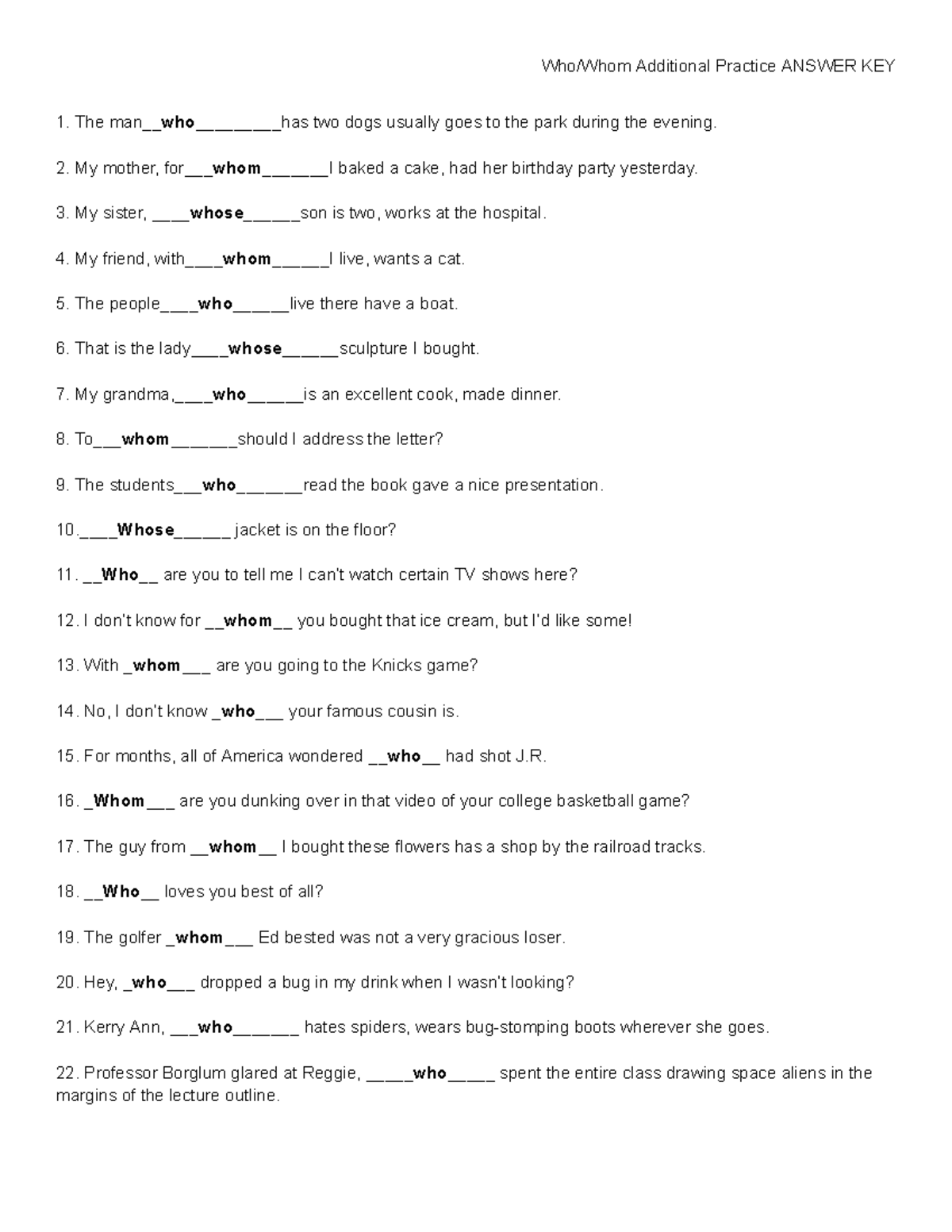 Who Vs. Whom Answer KEY - Who/Whom Additional Practice ANSWER KEY The ...