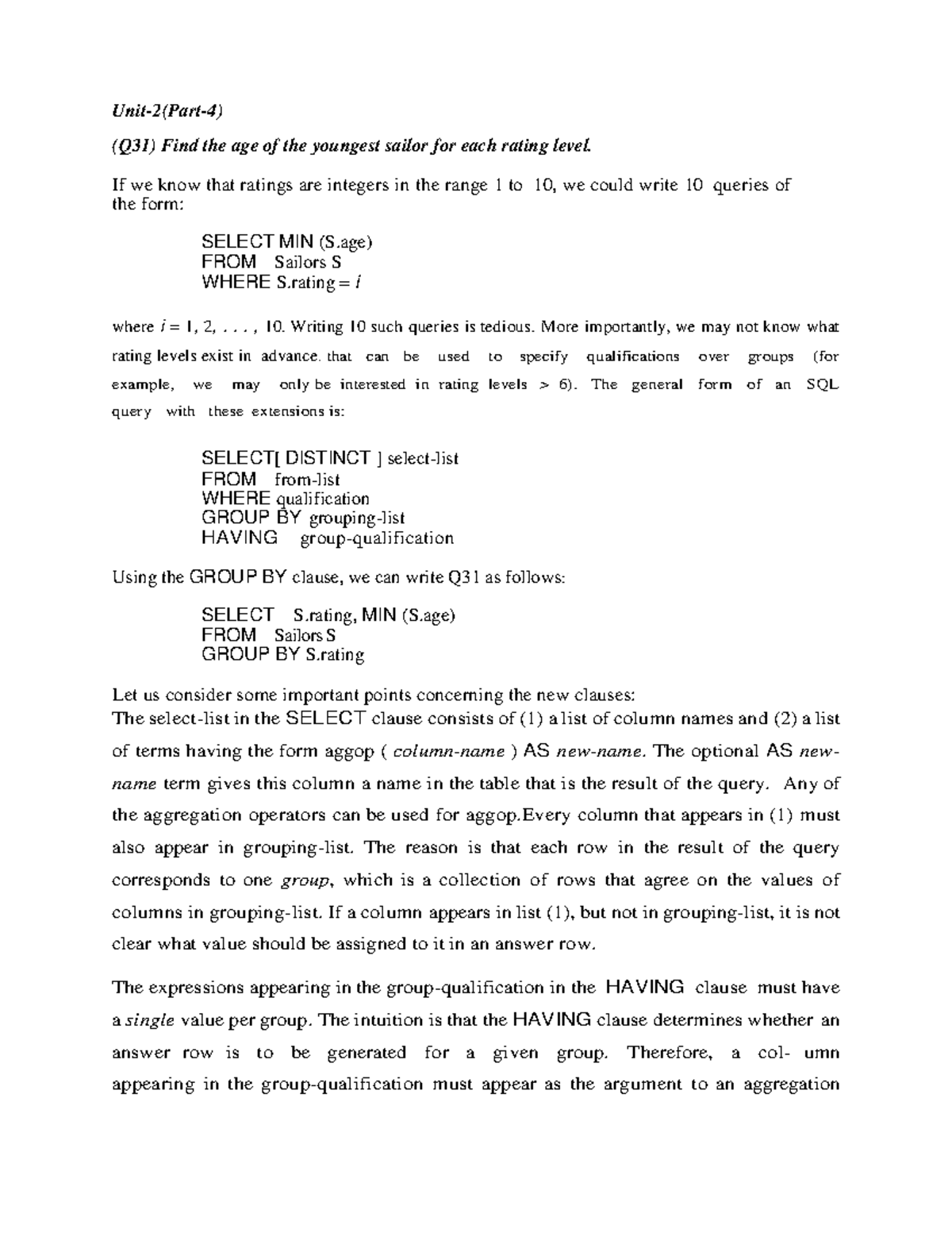 Database Management System Unit-2(Part-4) - Unit-2(Part-4) (Q31) Find the age of the youngest ...