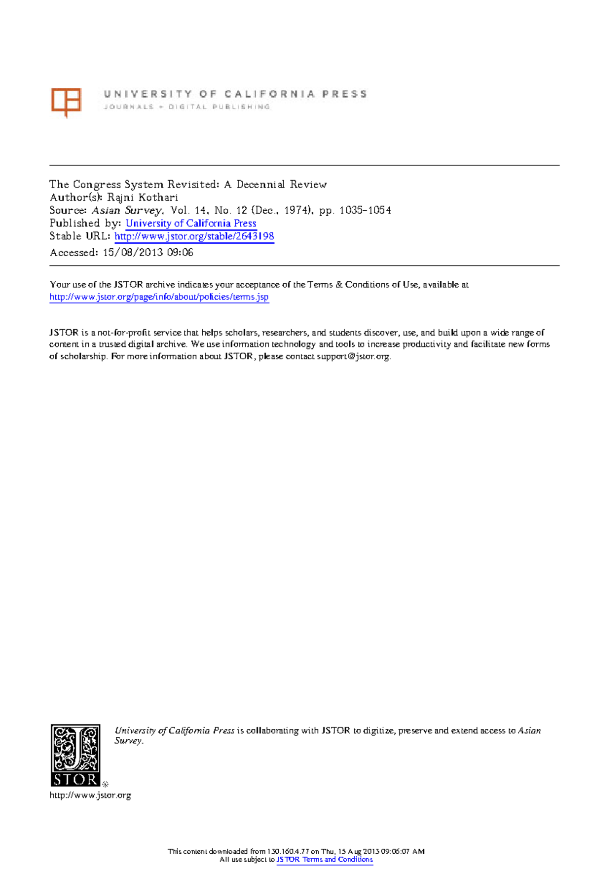 Kothari 1974 240906 225741 - The Congress System Revisited: A Decennial ...