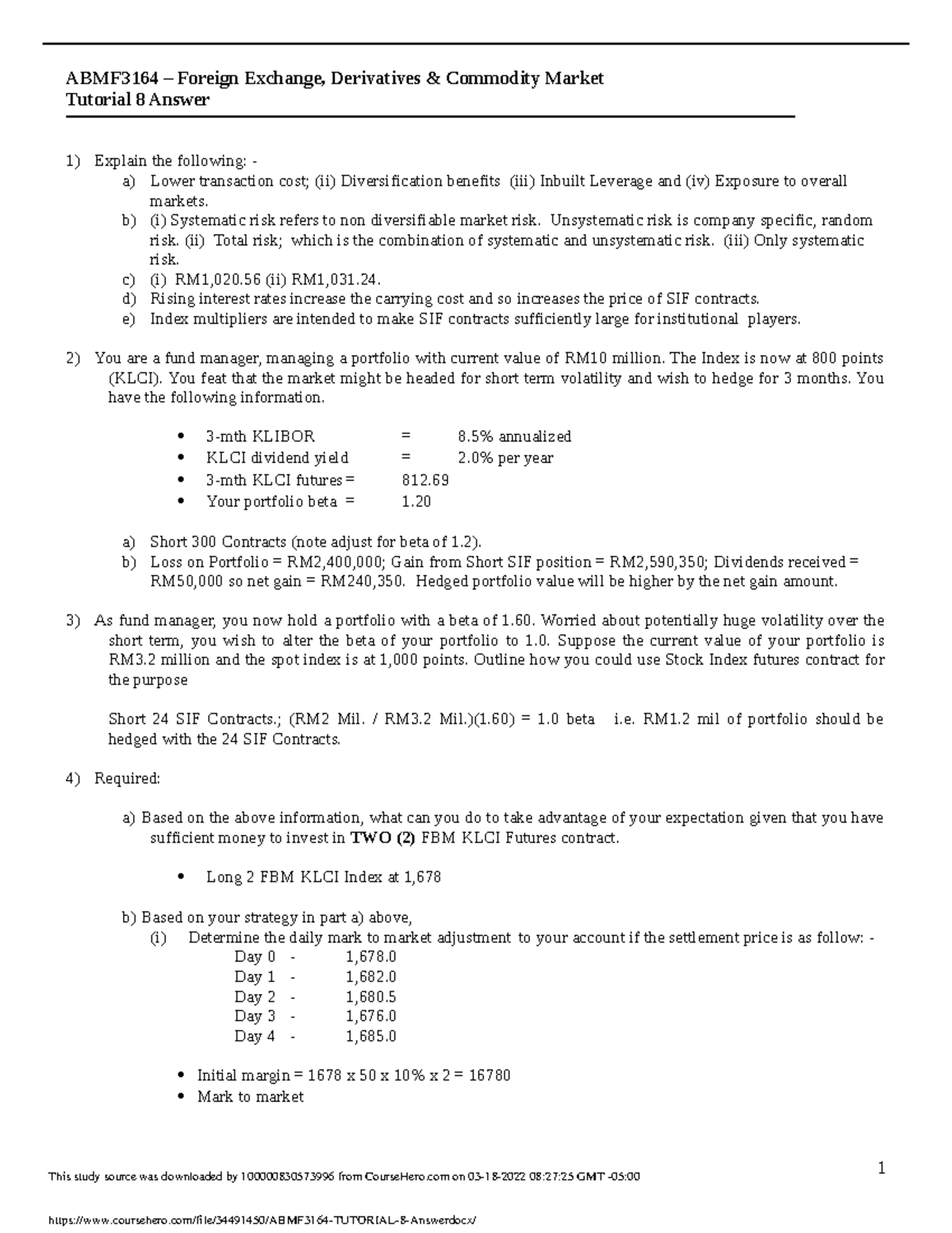 ABMF3164 Tutorial 8 Answer - Financial Management - Studocu