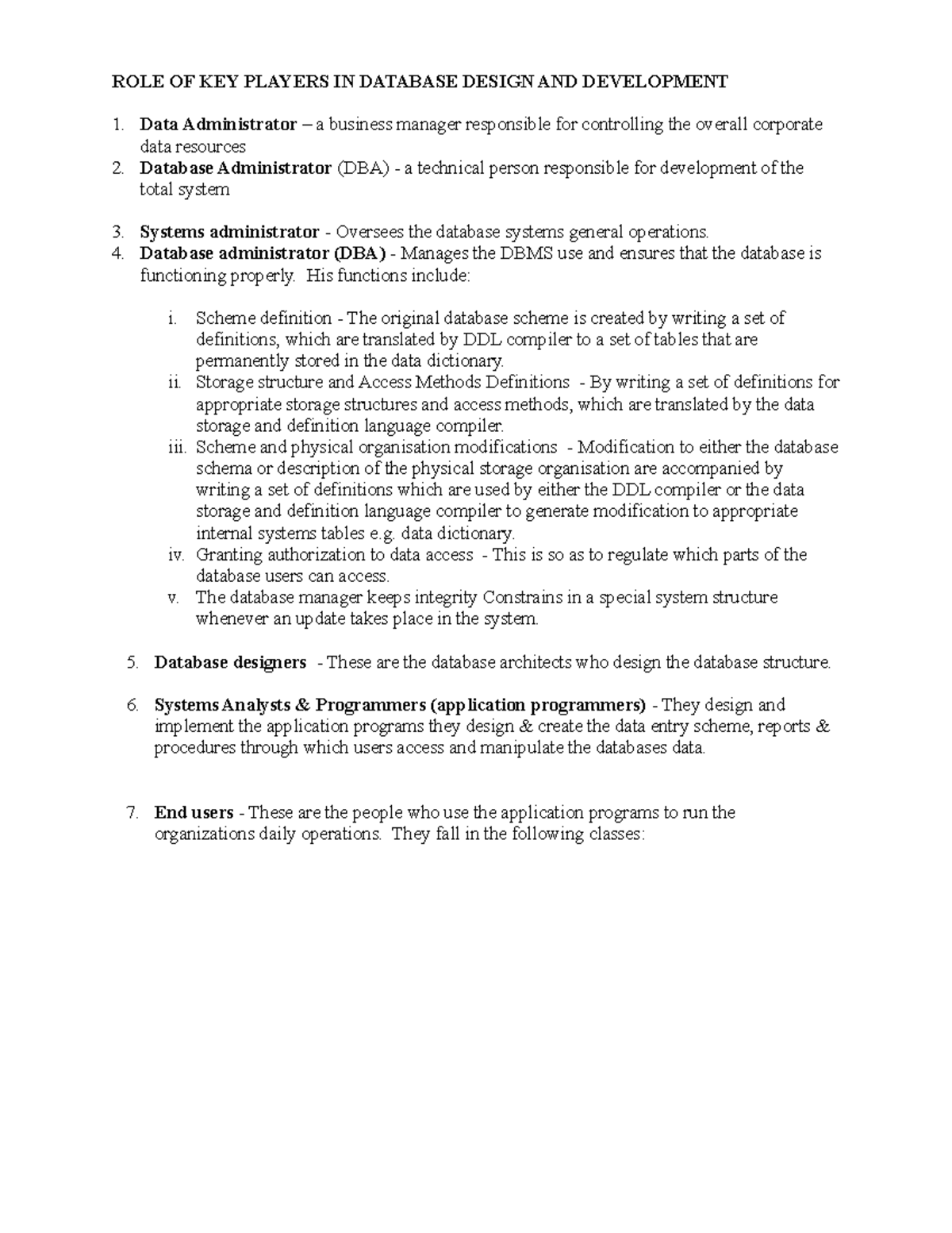 ROLE OF KEY Players IN Database Design AND Developmen 1 - ROLE OF KEY ...