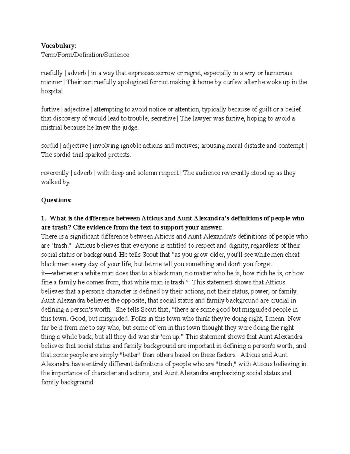 Chapter 21-22-23 Questions - To Kill a Mockingbird - Vocabulary: Term ...