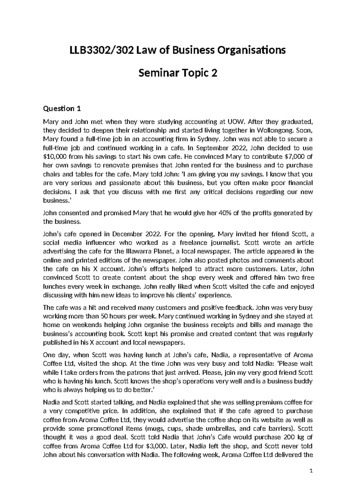 Seminar Questions Topic 2 Week 2 2024 - LLB3302/302 Law of Business ...