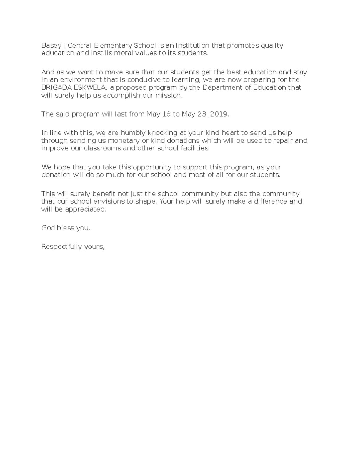 Sample letter 2 - drrm report - Basey I Central Elementary School is an ...