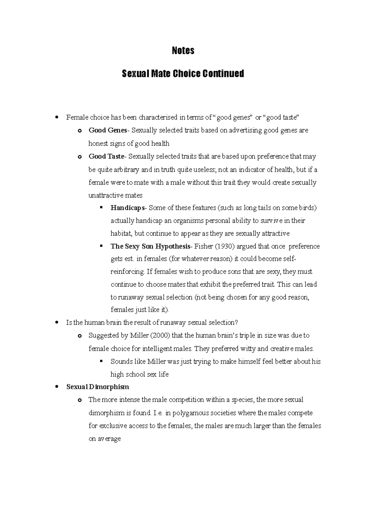 Sexual Selection and Human Mate Choice Continued - Notes Sexual Mate ...