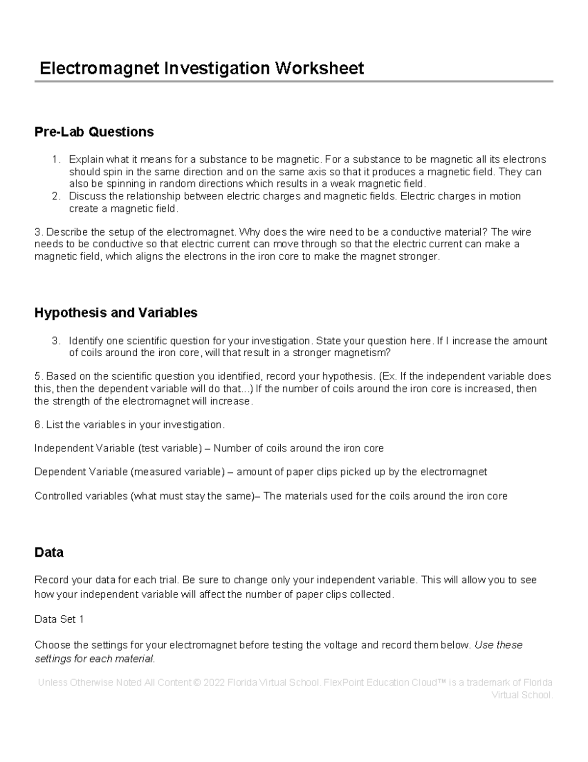 2.06 - Electromagnets - Electromagnet Investigation Worksheet Pre-Lab ...