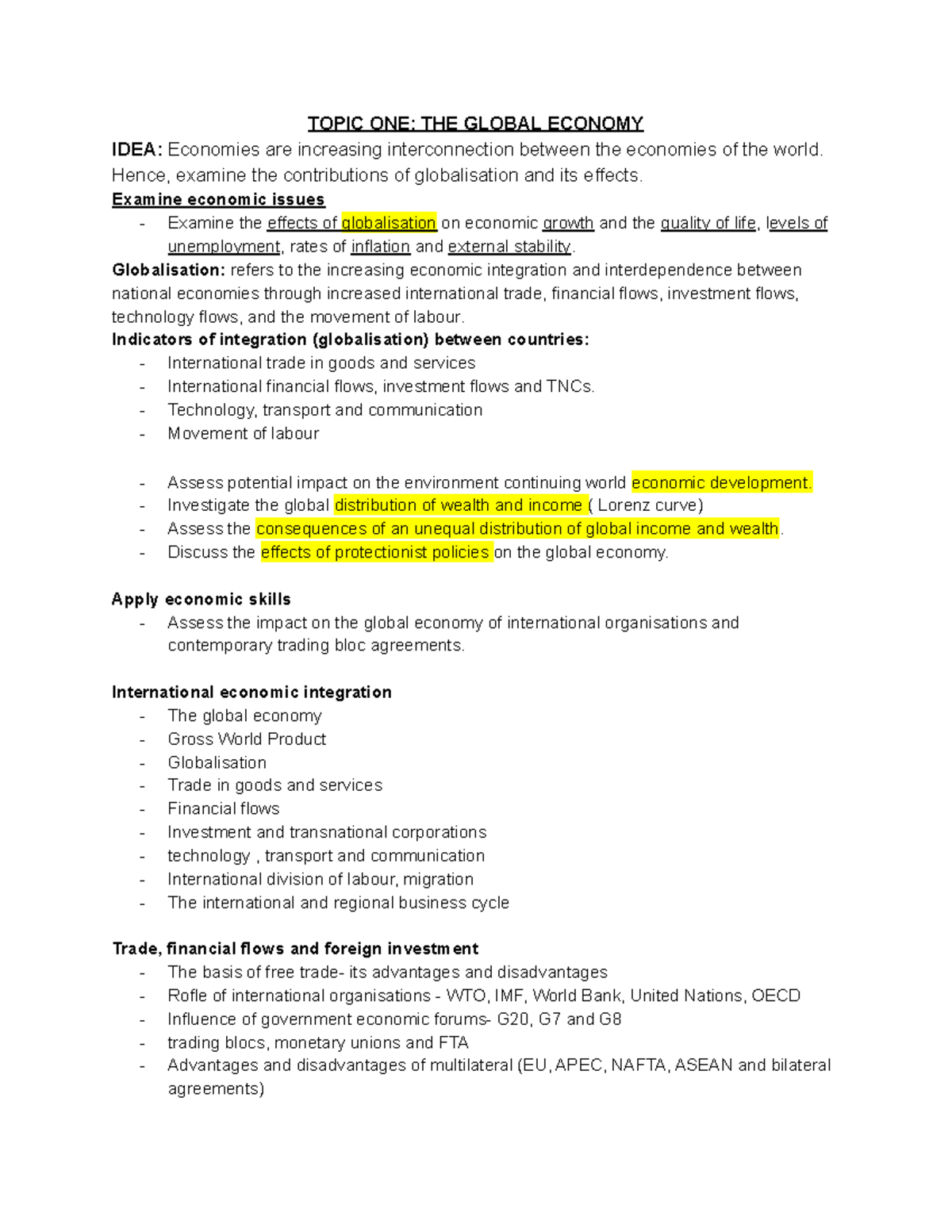 ECO T1 - Economic notes - TOPIC ONE: THE GLOBAL ECONOMY IDEA: Economies ...