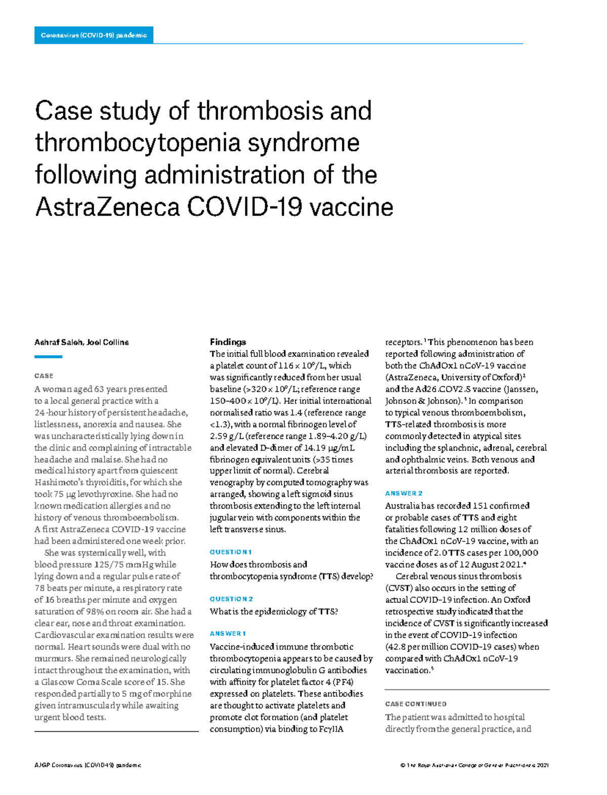 AJGP 11 2021 Covid Collins Thrombosis Following AZ WEB - Coronavirus ...