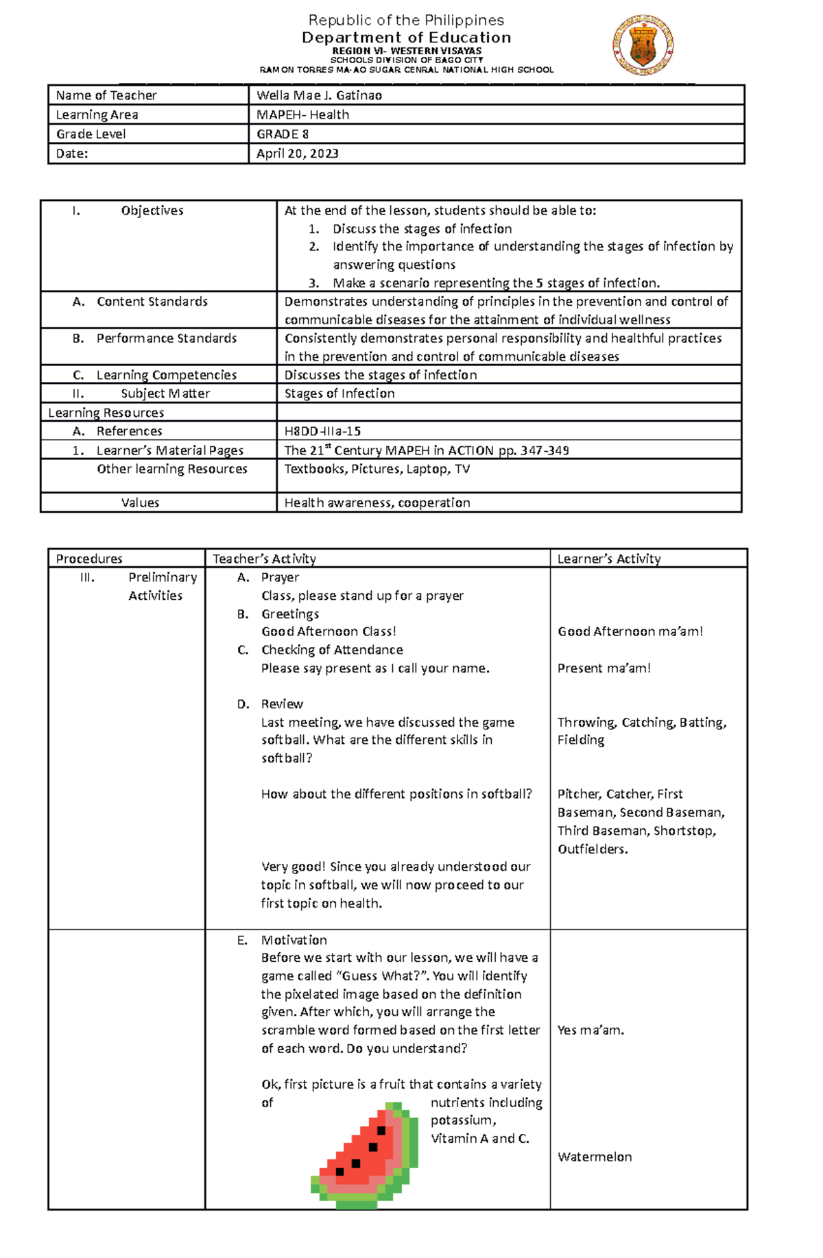Lesson PLAN Stages OF Infection - Name of Teacher Wella Mae J. Gatinao ...