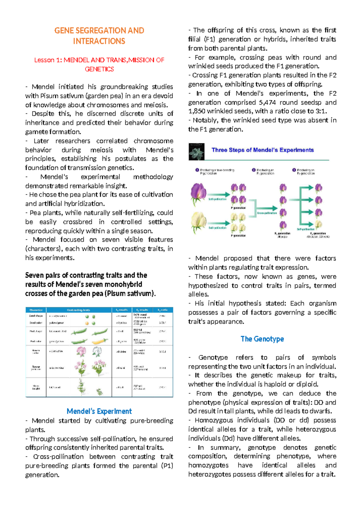 Genetics Notes - GENE SEGREGATION AND INTERACTIONS Lesson 1: MENDEL AND ...